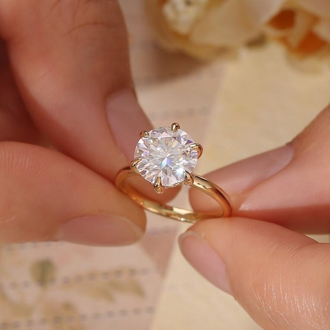 Buy Hidden Halo Round Moissanite Engagement Ring, Solid Gold Round Ring ...