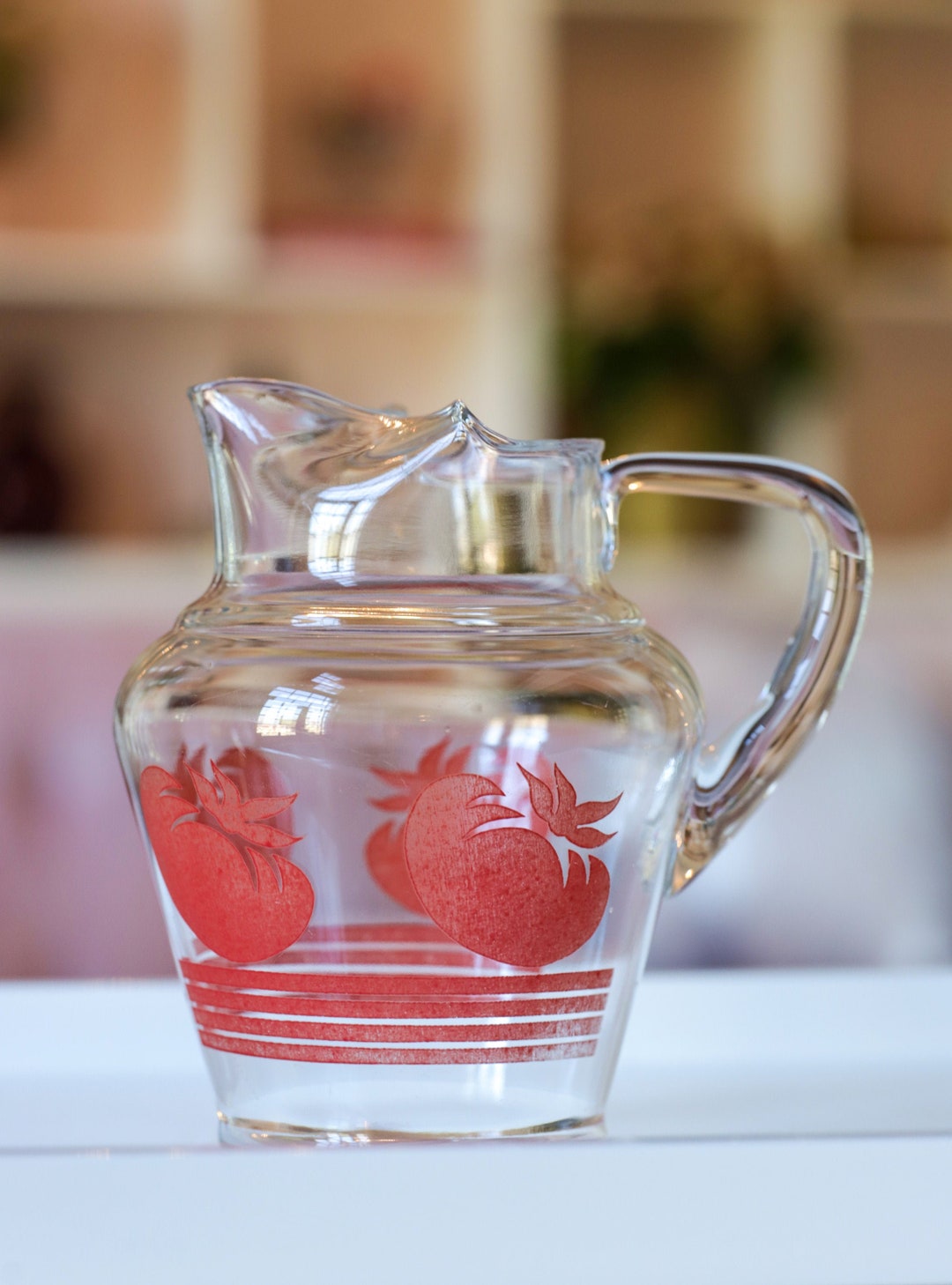 Vintage Glass Small Juice Pitcher W/ Red Tomato Pattern - Etsy