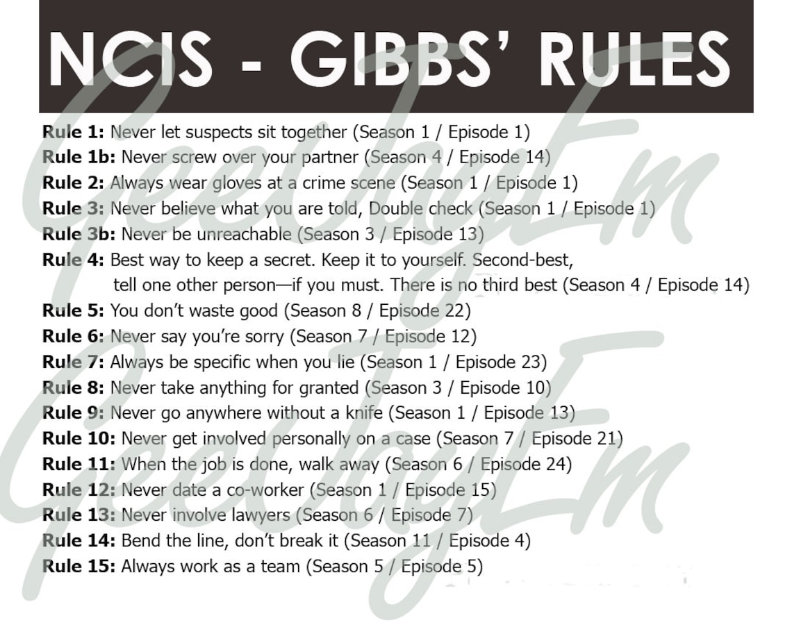 NCIS Gibbs' Rules with Season and Episode Listing - Etsy