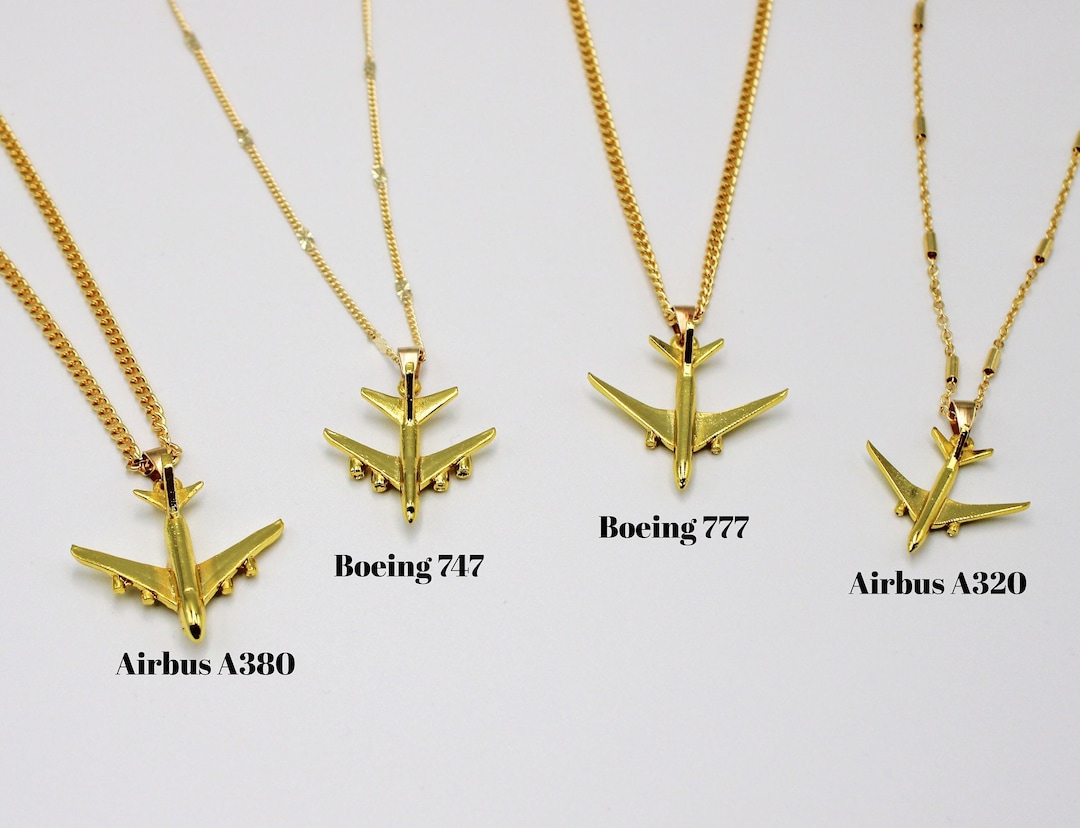Gold Toned Airplane Pendant Necklace, Airbus, Boeing, A320, 777, A380 ...