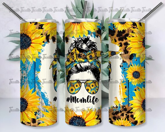 Sunflower Momlife Messy Bun 20 Oz Skinny Tumbler Designs Png Etsy