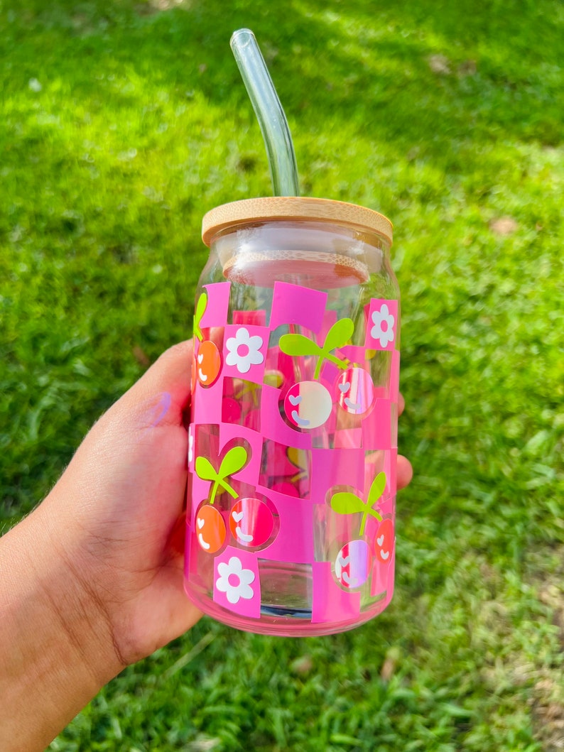 Cherry Retro Checkered Glass Cup / Cherry Cup /flower Retro - Etsy