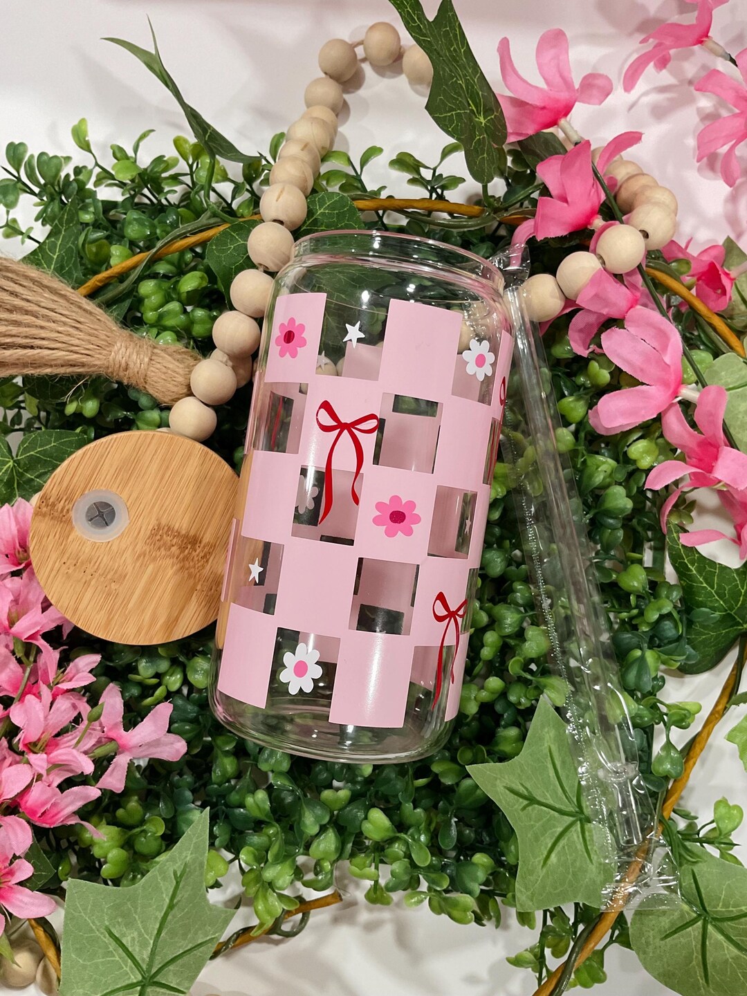 Pink Checkered Coquette 16oz Glass Cup| Girly Cups | Bows Coquette ...
