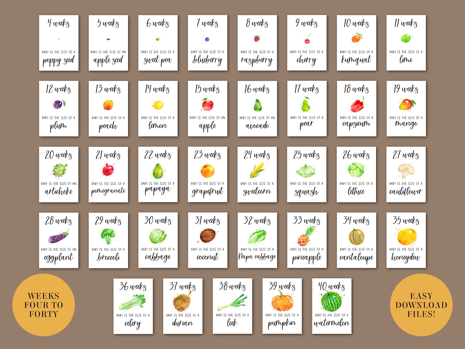 Pregnancy Milestone Cards X37, Printable, Watercolour, Baby Size, Fruit ...