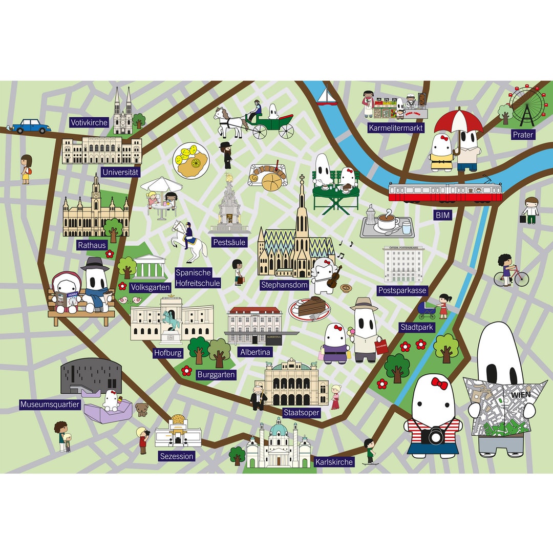 Wien Stadtplan Postkarte: alle Sehenswürdigkeiten auf einen Blick - Etsy.de