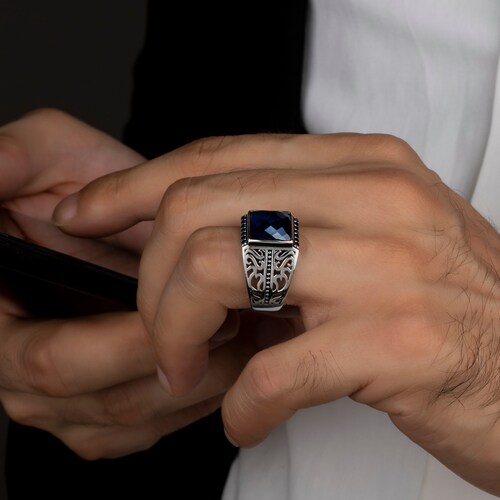 925 Sterling Silver Blue Sapphire Stone Men's Ring Men - Etsy 925 Sterling Silver Blue Sapphire Stone Men's Ring Men - Etsy