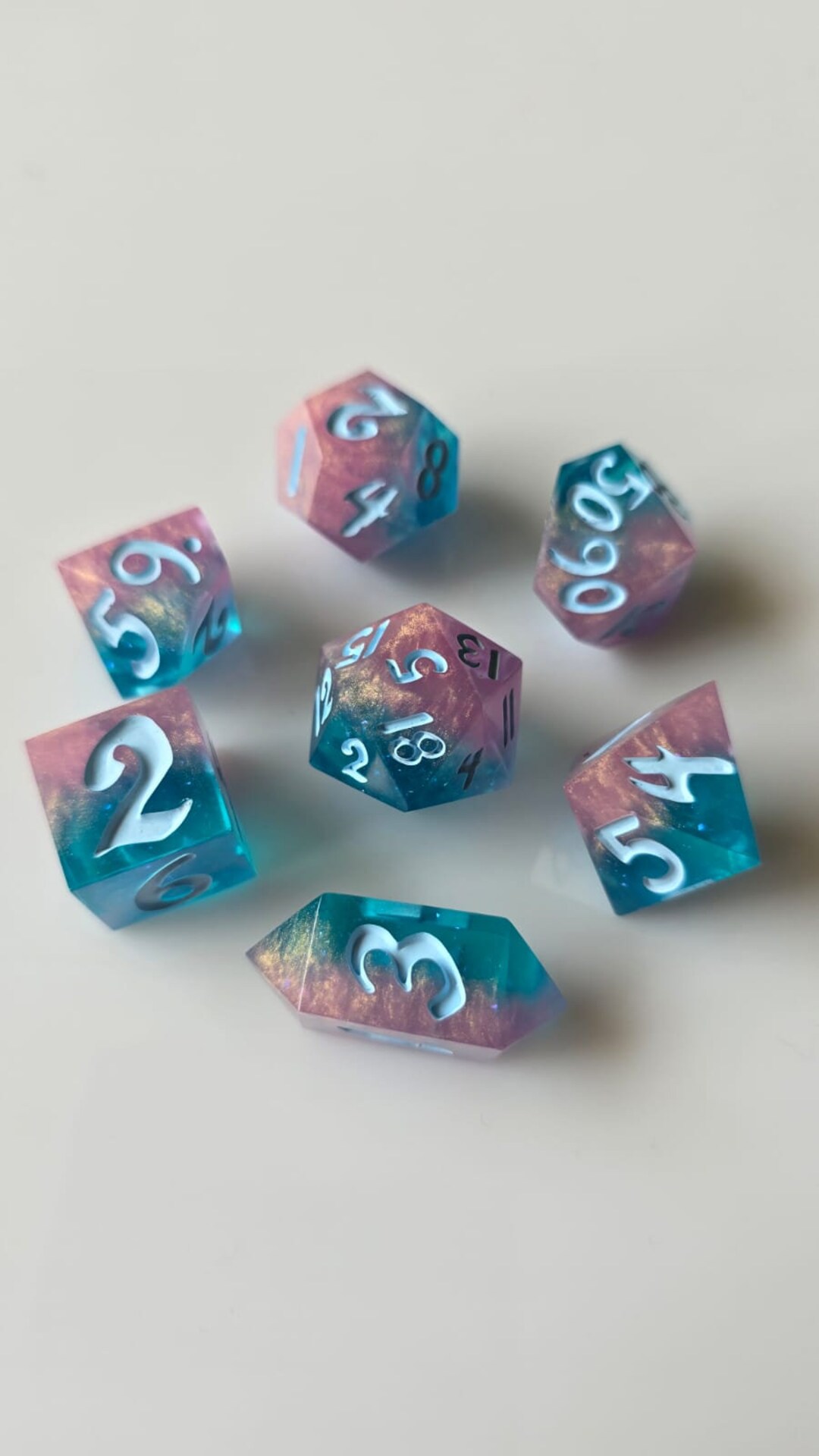 Pink Sand Beach- Handmade, Sharp Edge Resin Dice Set, 7 Piece Dice Set ...