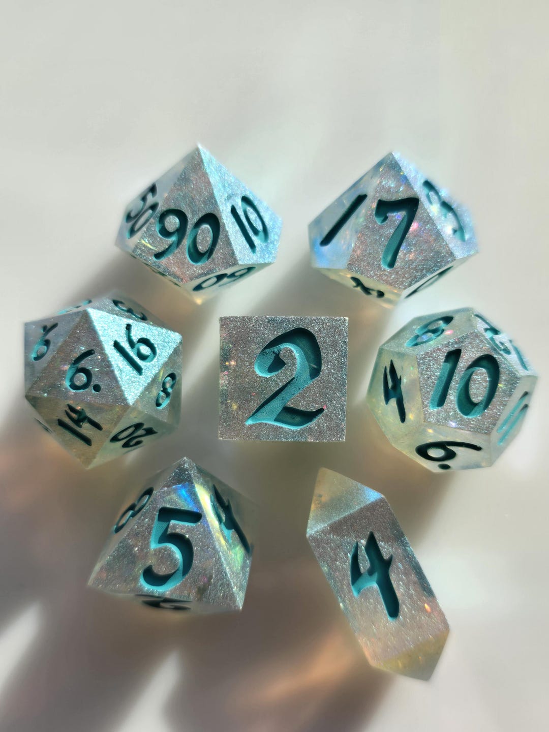 Frosted Snow - Handmade, Sharp Edge Resin Dice Set, 8 Piece Dice Set ...