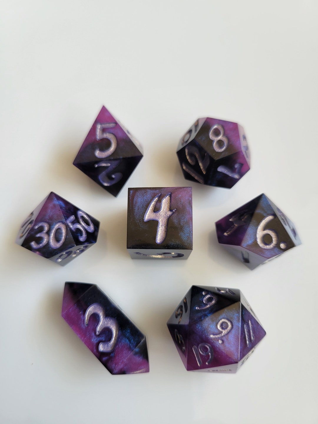 Mystical Aura- 7 Piece Sharp Edge Dice, Handmade, Resin Dice Set ...