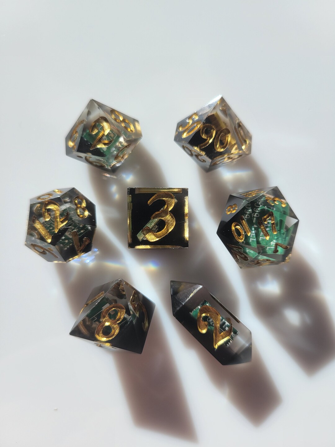Cyber (in Black)- 7 Piece Sharp Edge Dice, Handmade, Resin Dice Set ...