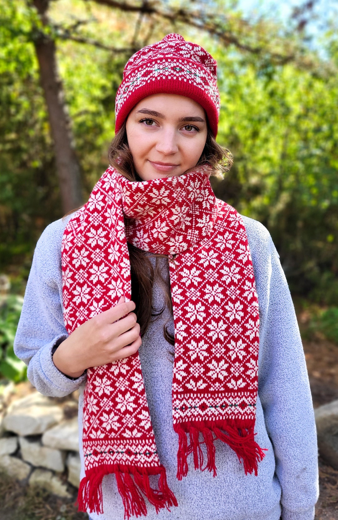 Knitted Hat and Scarf Set Nordic Fair Isle Woolen Beanie and - Etsy