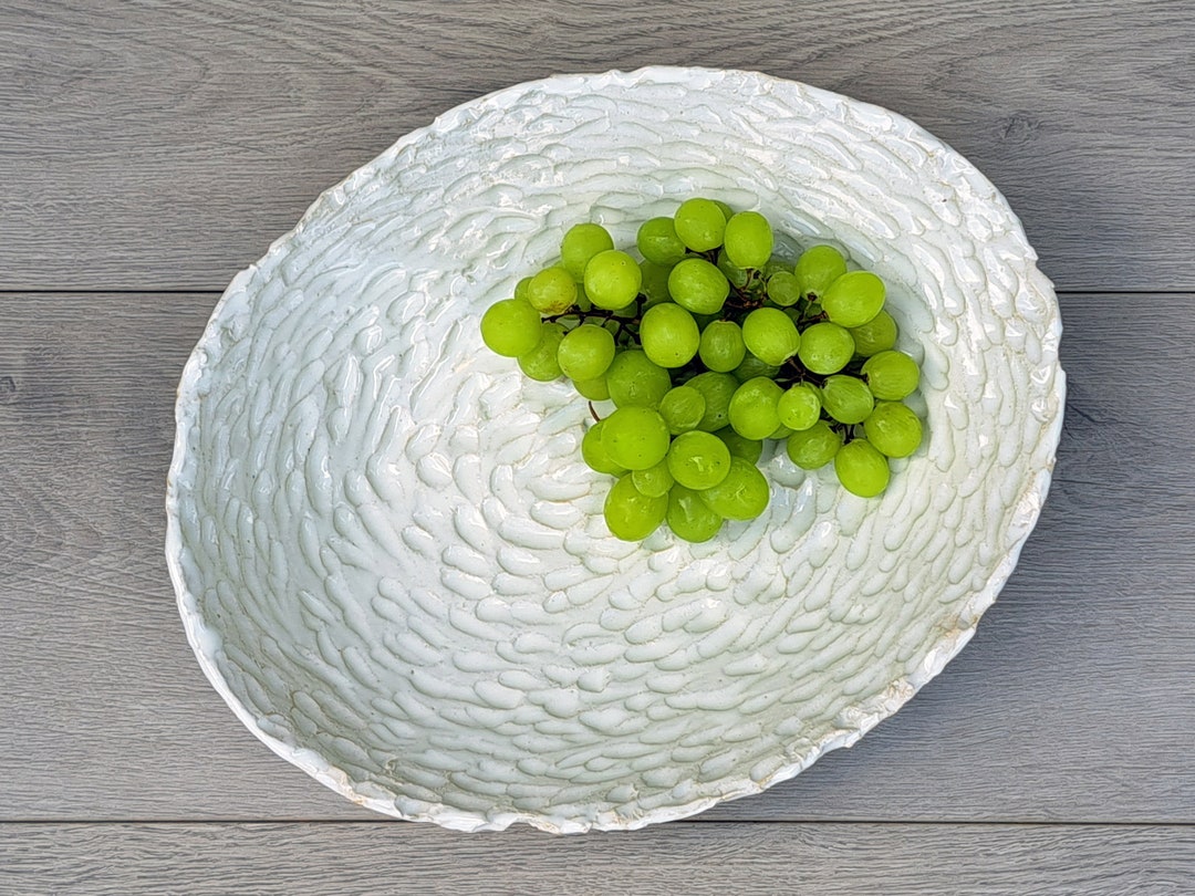 White, Elliptical Ceramic Bowl With a Special Handmade Texture, Serving ...