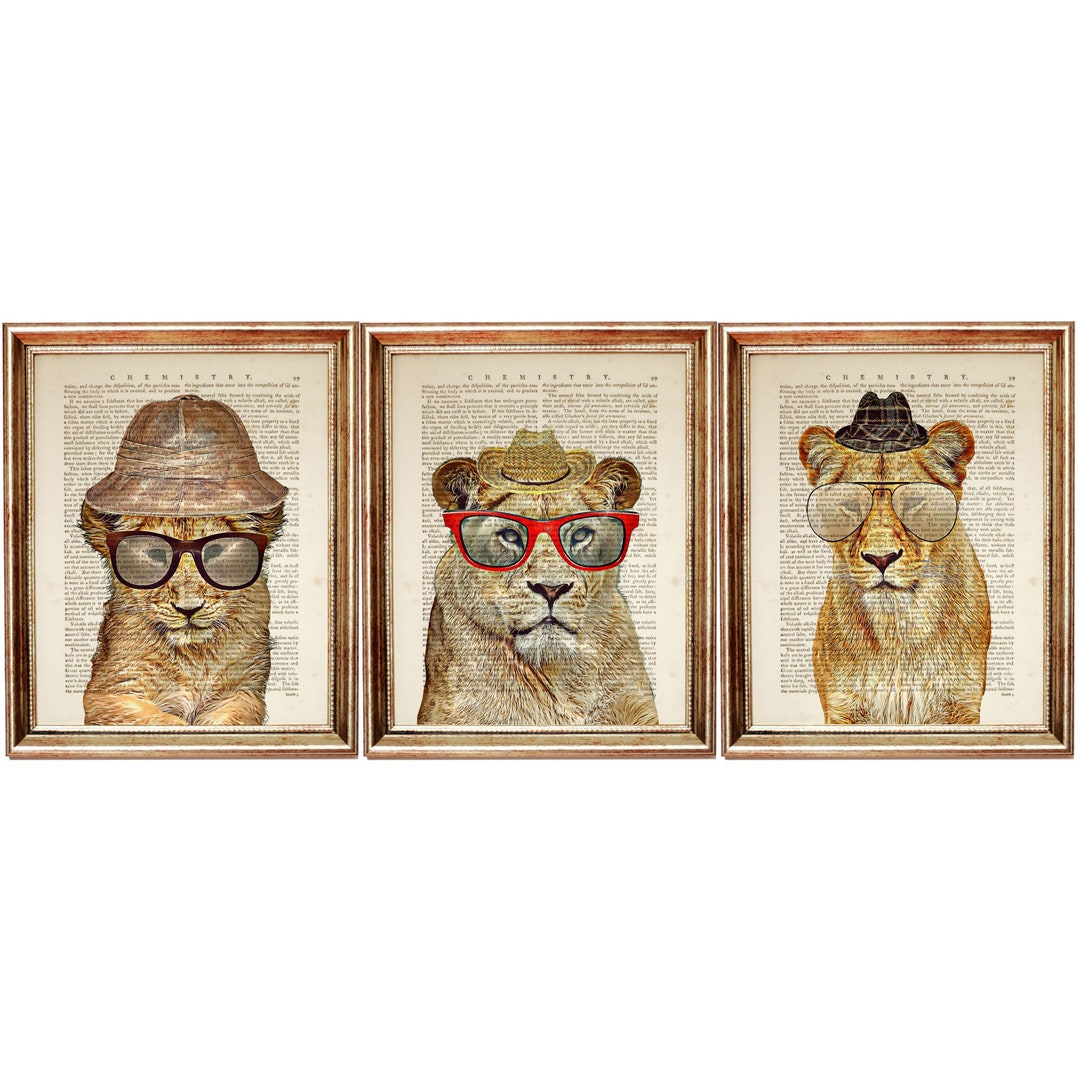 Set of 3 Lion Dictionary Art Prints, Quirky Animal Portrait Decor - Etsy