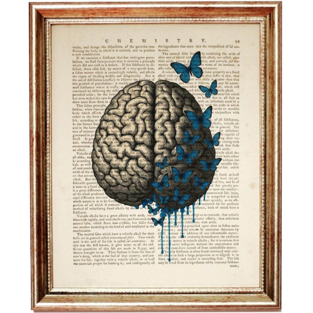 Human Brain With Blue Butterflies Art Print on Vintage Dictionary Page ...