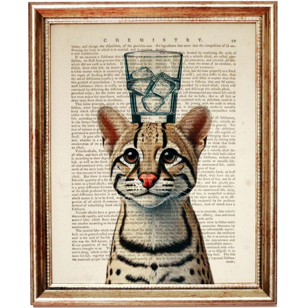 Ocelot With Water Glass Dictionary Art Print, Jungle Animal Poster ...