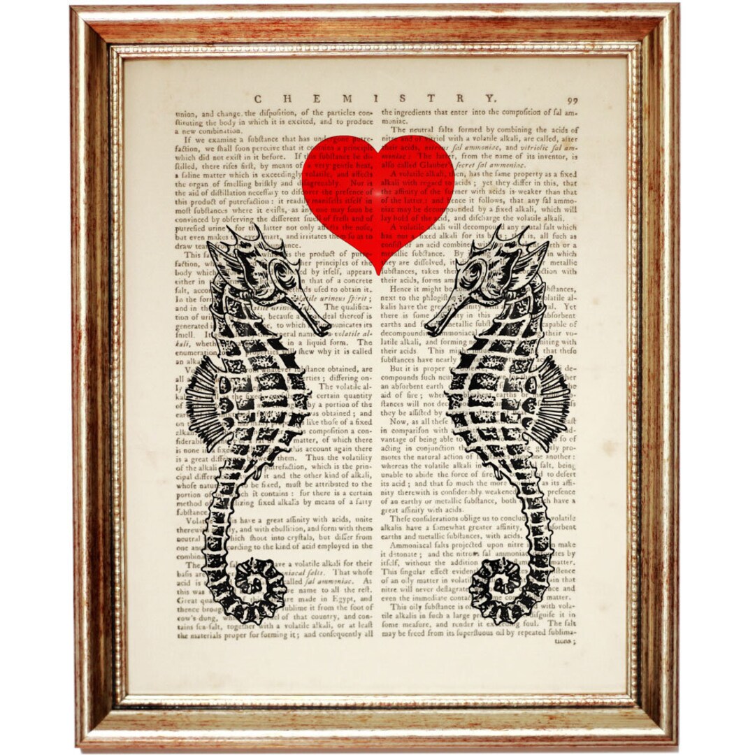 Seahorses With Heart Art Print, Sea Life Vintage Dictionary Page ...