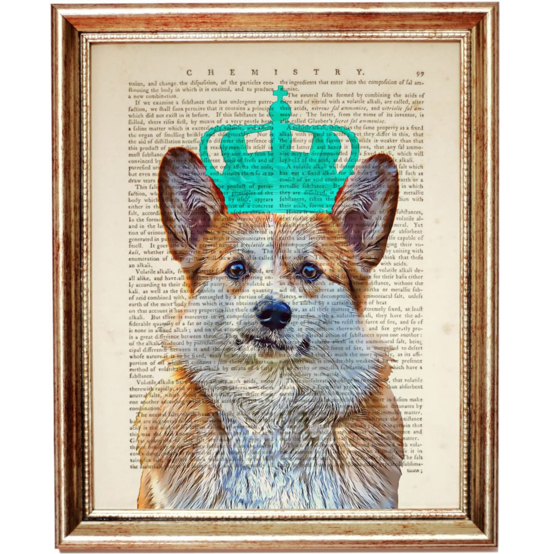 Corgi King Art Print, Royal Dog With Crown Portrait on Vintage ...