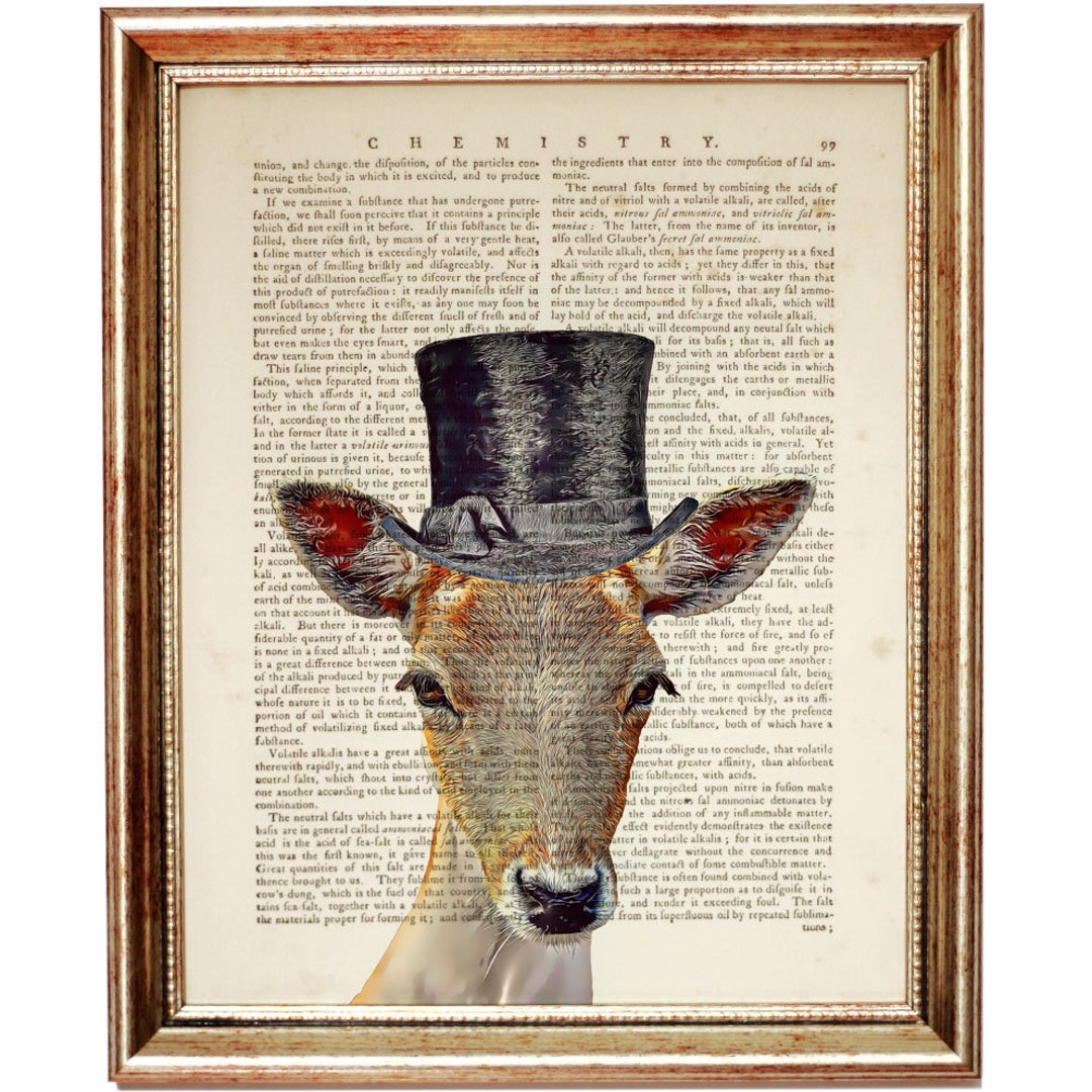 Deer in Top Hat Dictionary Art Print, Animal Wall Decor - Etsy