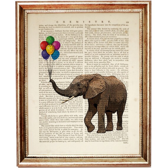 Elephant Dictionary Art Print Elephant with Balloons Art | Etsy