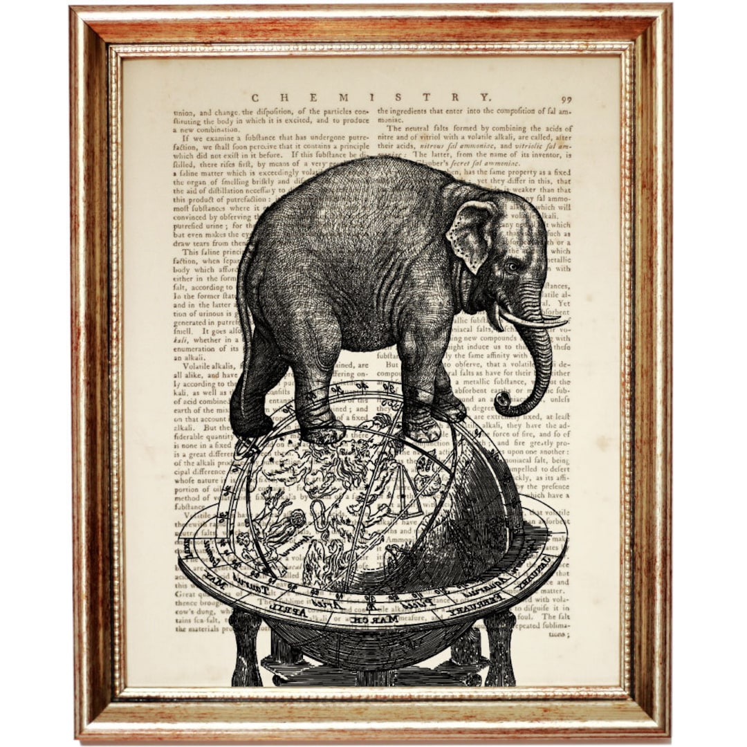Elephant on Globe Dictionary Art Print, Safari Animal Vintage ...