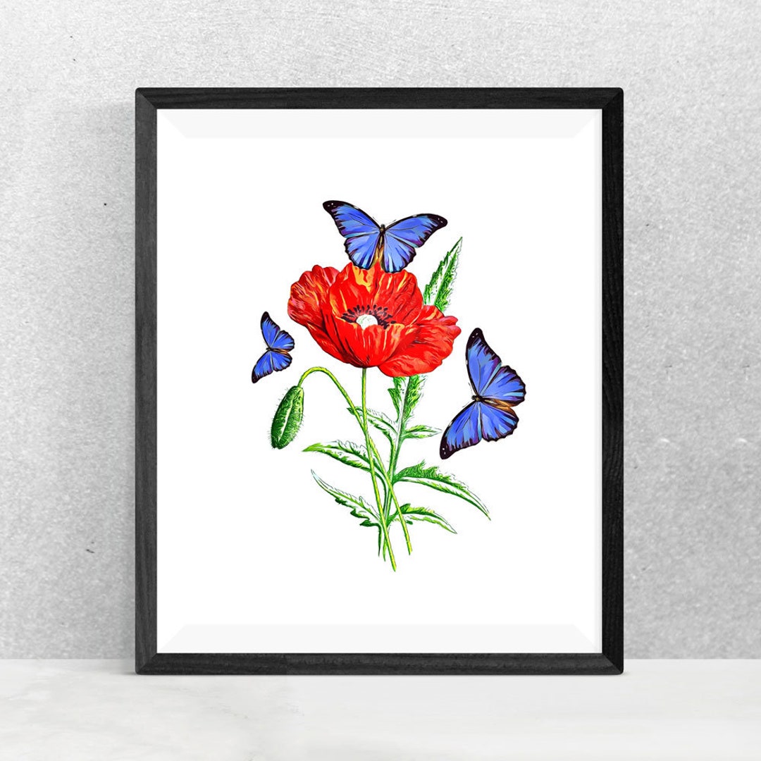 Red Poppy Art Print Red Poppy With Butterfly DIGITAL - Etsy