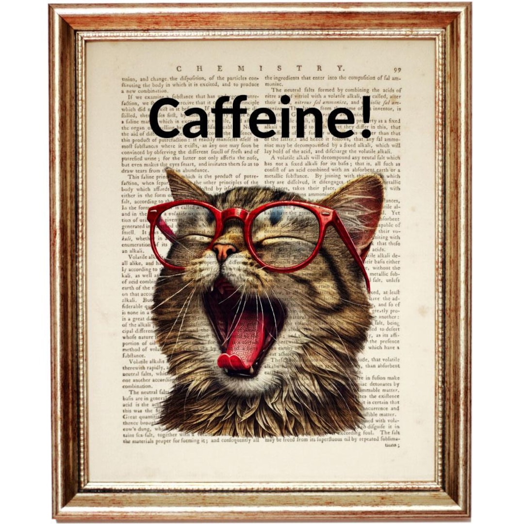 Caffeine Cat in Red Glasses Dictionary Art Print, Funny Coffee Lover ...