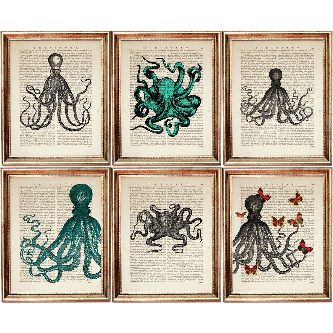 Christmas Gifts, Set of 6 Octopus Prints on Vintage Dictionary Book ...