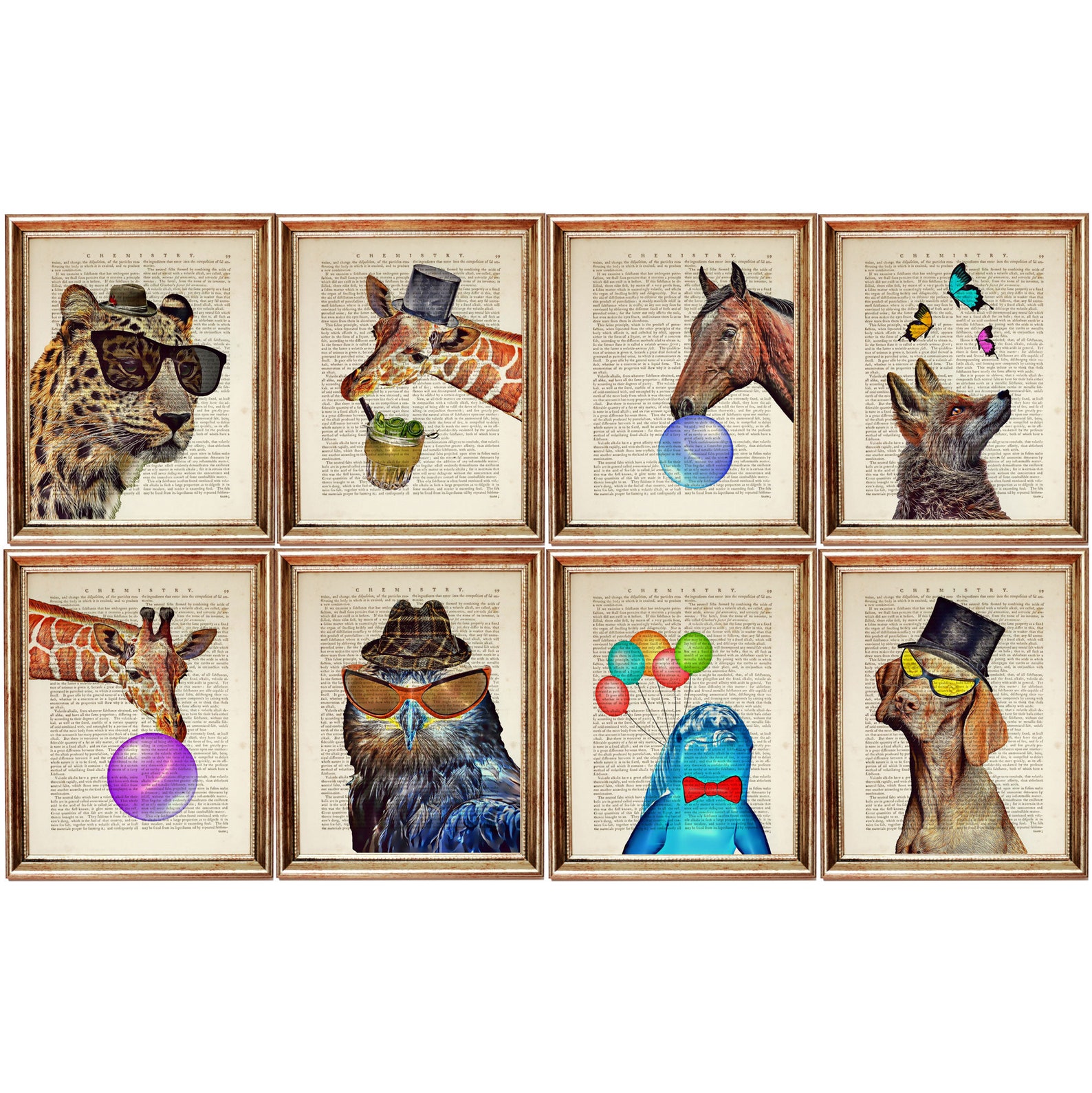 Set of 8 Prints, Animal Prints for Nursery, Funny Animal Wall Art ...