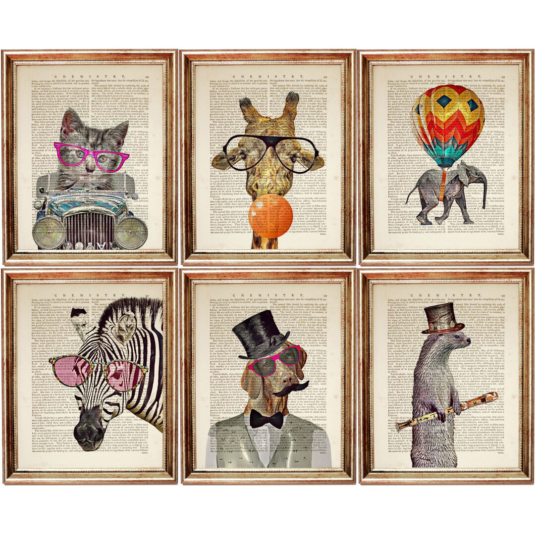 Set of 6 Prints, Funny Animal Poster, Dog With Bow Tie Dictionary Art ...