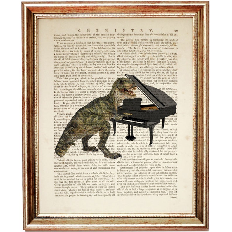 Set of 3 Dinosaur Print, Dinosaur Playing Piano Dictionary Art Print ...