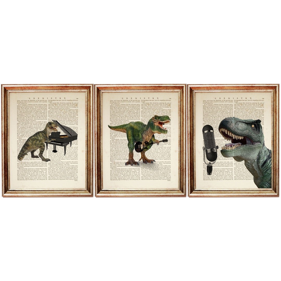 Set of 3 Dinosaur Print, Dinosaur Playing Piano Dictionary Art Print ...