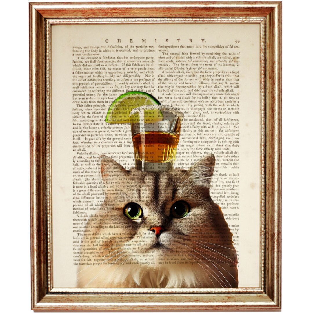 Funny Cat With Tequila Glass Art Print, Cat Portrait Vintage Dictionary ...