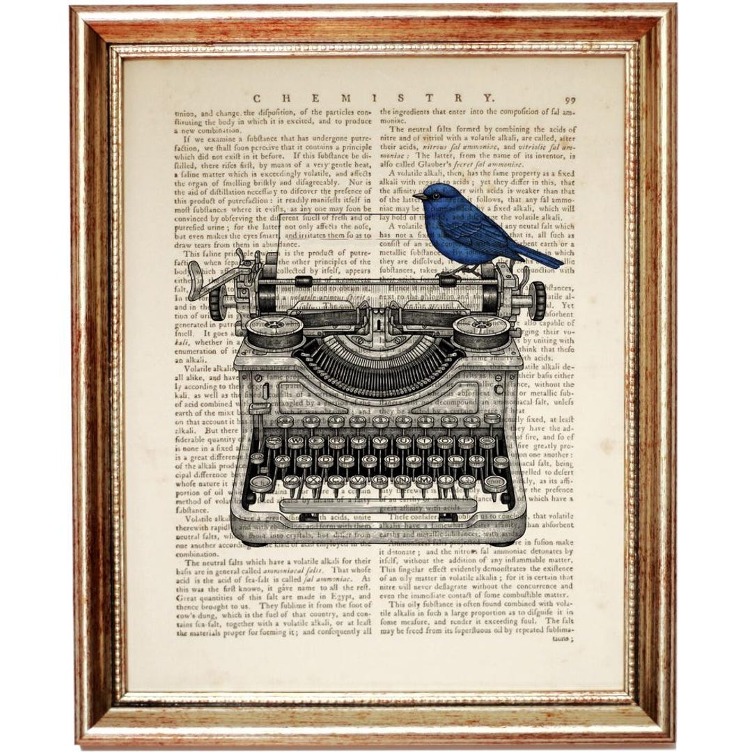 Typewriter and Blue Bird Art Print on Dictionary Page - Retro Writer's ...