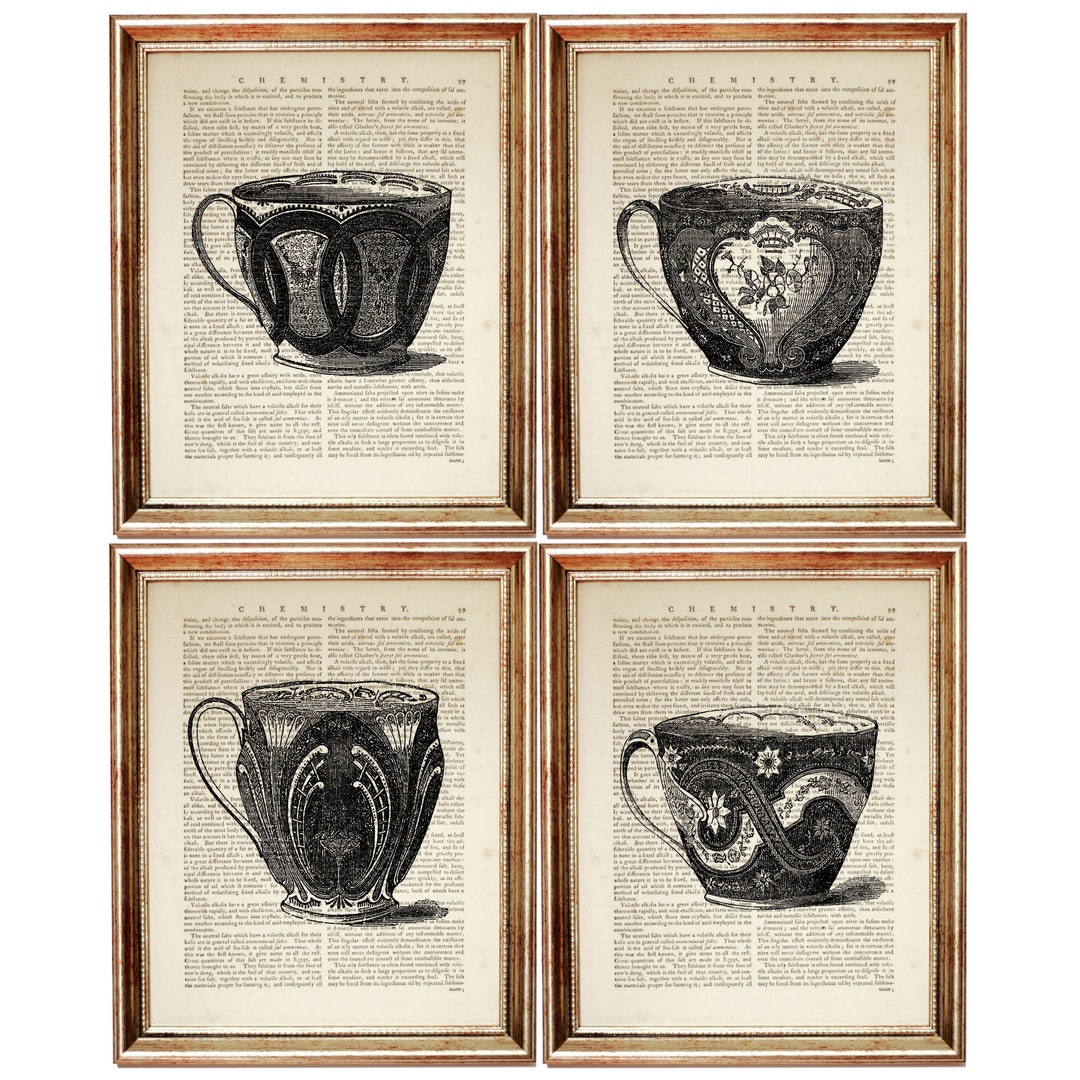 Set of 4 Vintage Teacup Prints, Antique Dictionary Art, Kitchen Wall ...