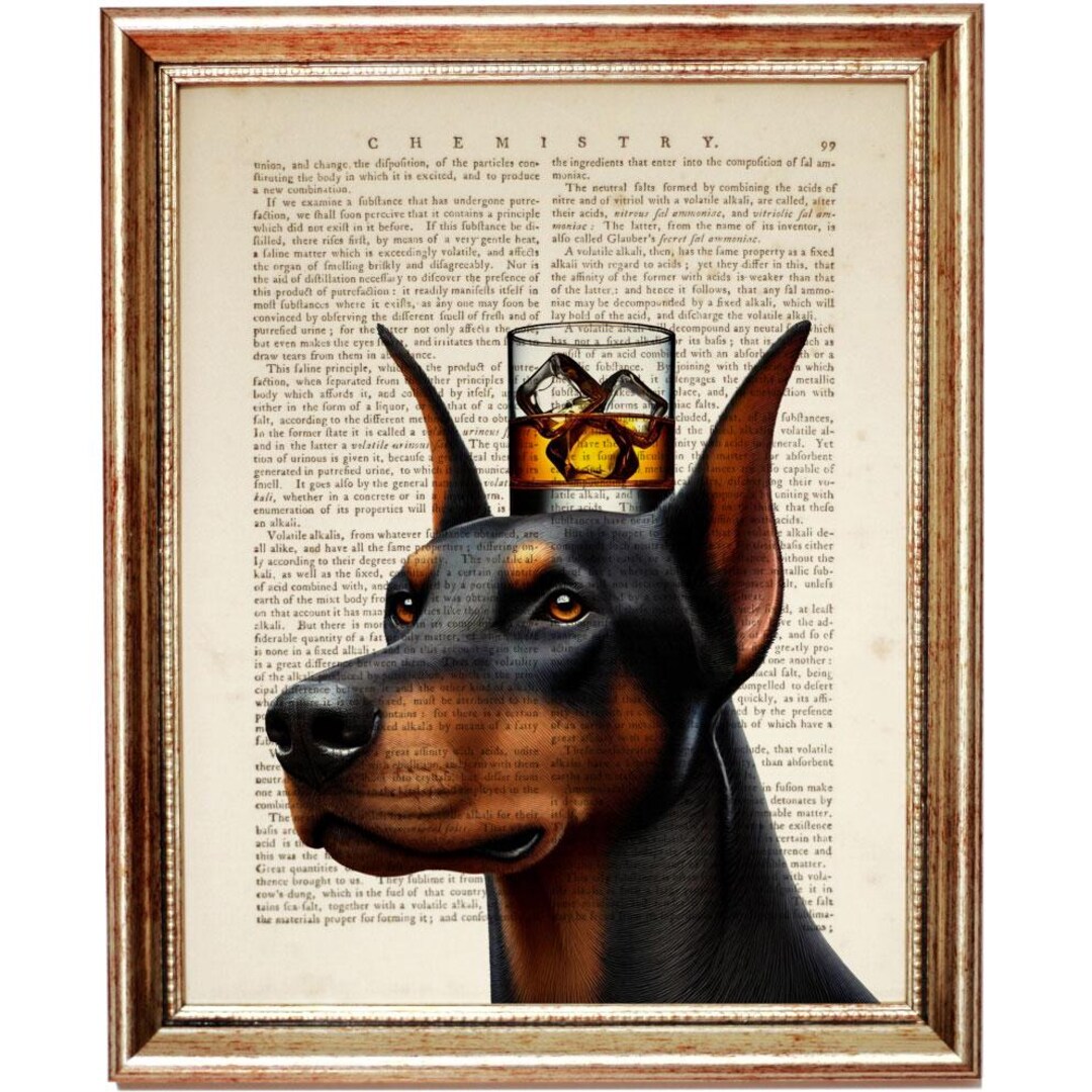 Doberman With Whiskey Glass Art Print, Dog Wall Art on Vintage Book ...