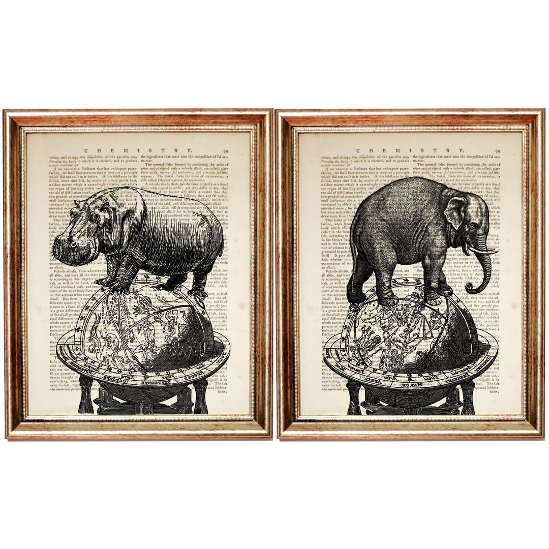 Set of 2 Vintage Hippo and Elephant Globe Print Set, Dictionary Art - Etsy