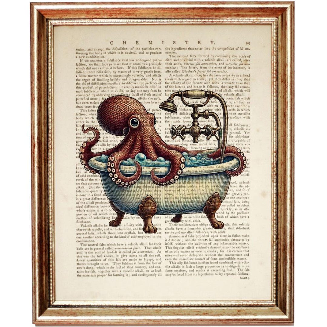 Octopus in Bathtub Dictionary Art Print, Nautical Wall Decor, Sea Life ...