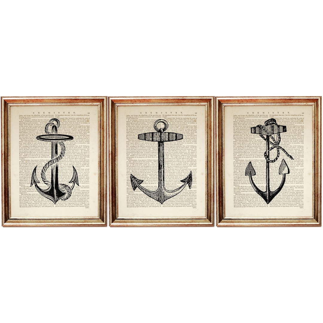 Nautical Anchor Wall Art Set of 3, Vintage Book Page Prints, Rustic ...