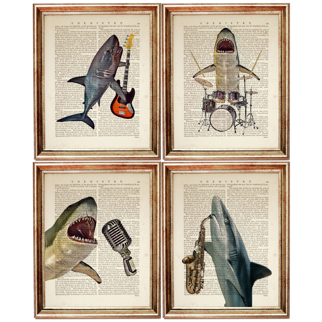 Set of 4 Wall Art, Shark Wall Decor, Shark Band Playing Music ...