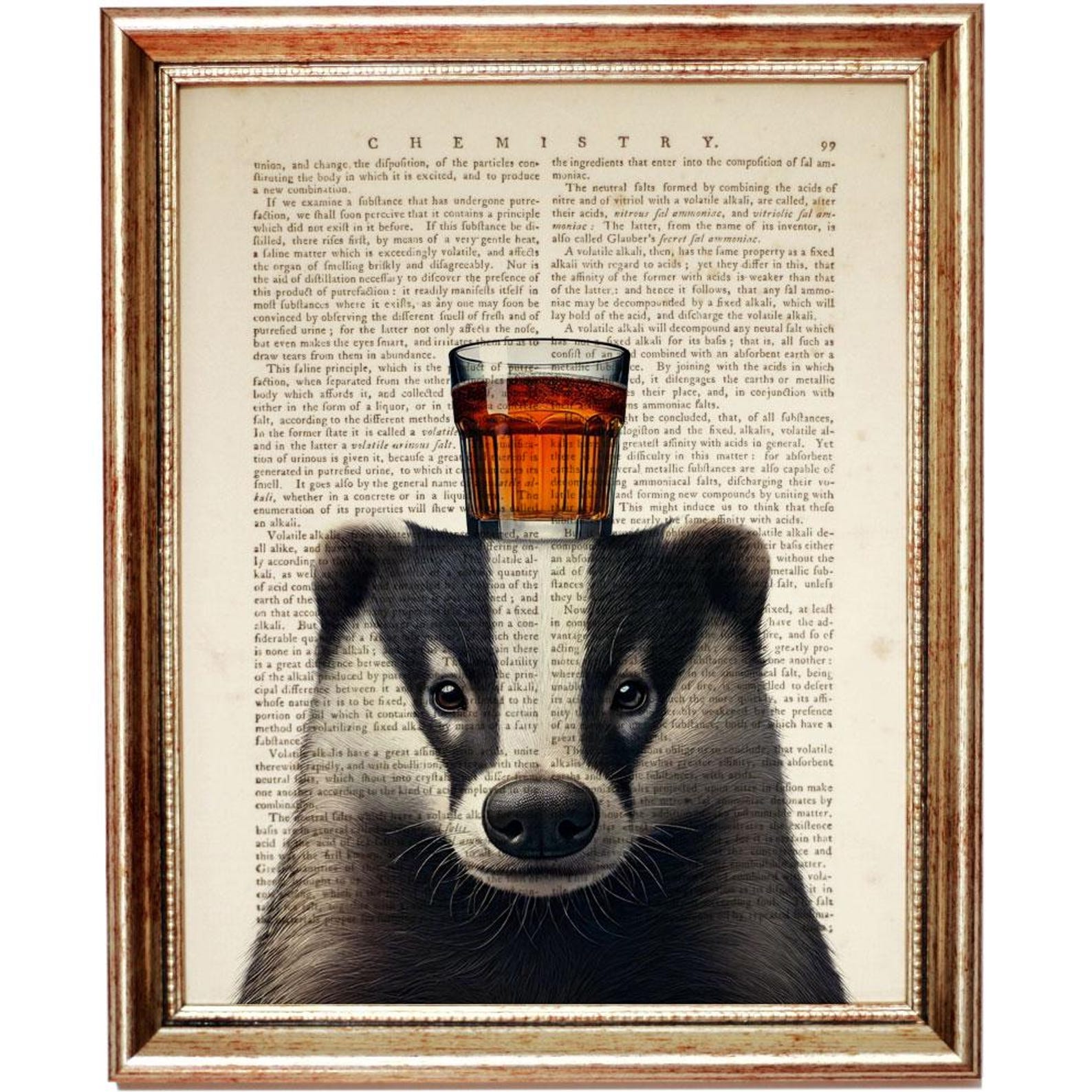 Badger With Whiskey Glass Dictionary Art Print, Rustic Woodland Animal ...