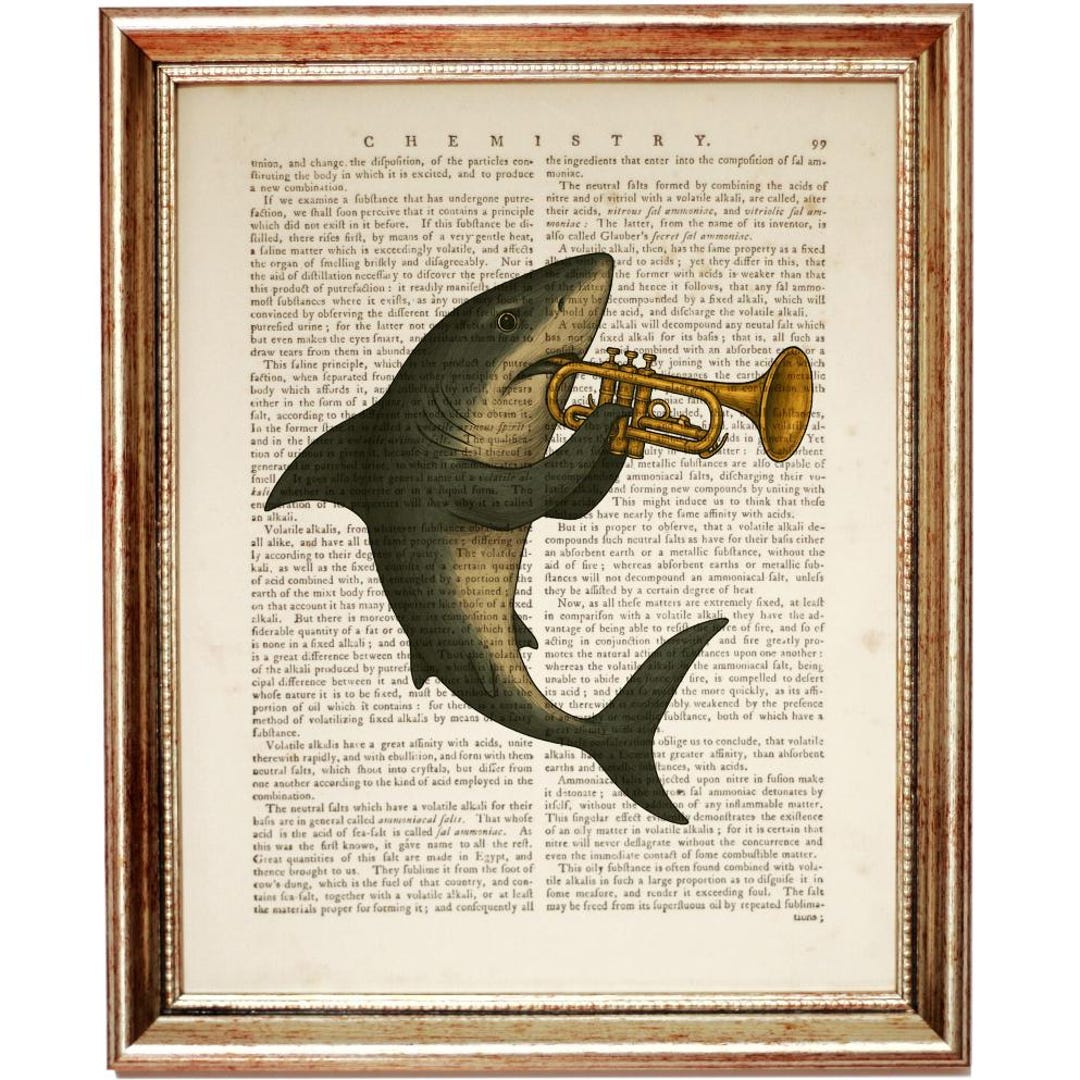 Shark Playing Trumpet Wall Art, Funny Dictionary Print, Music Lover ...