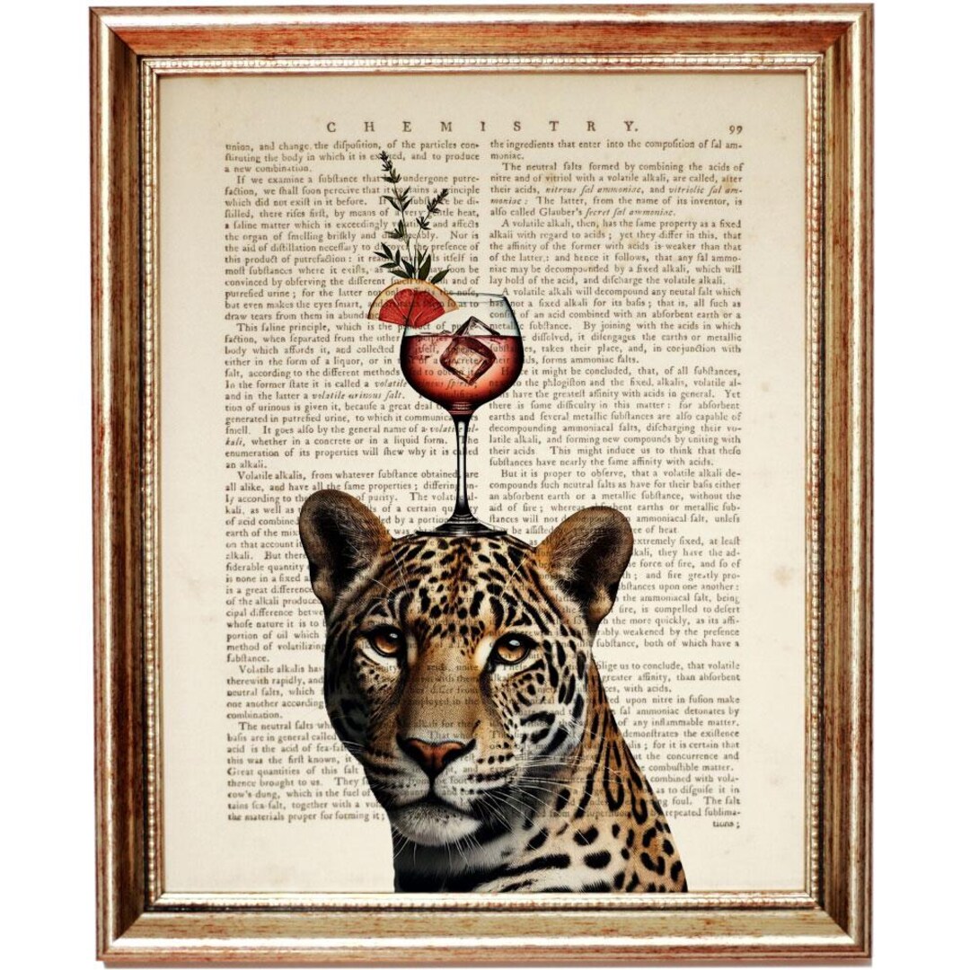 Leopard With Cocktail Dictionary Art Print, Jungle Animal Poster, Bar ...
