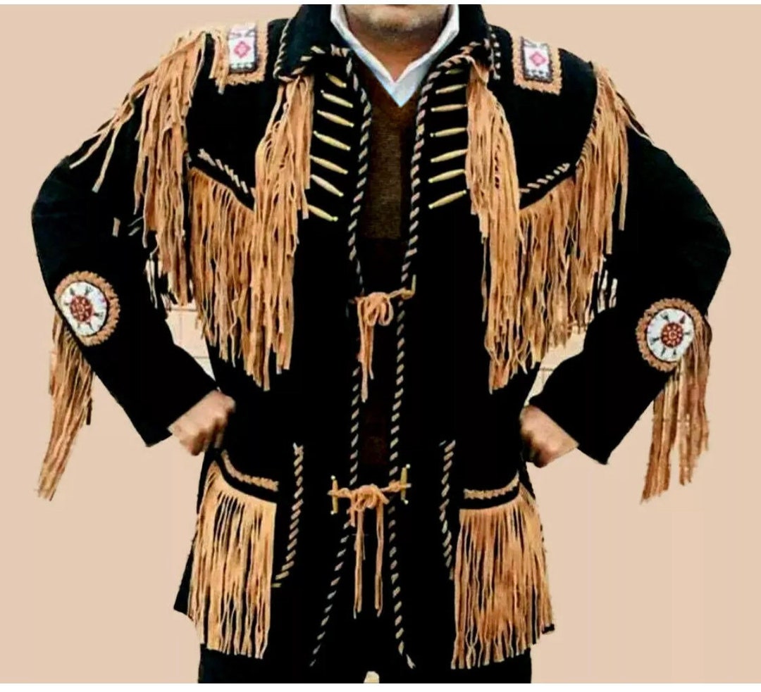 Native American Mens Jacket Fringes & Bead Work Suede Leather Mountain ...
