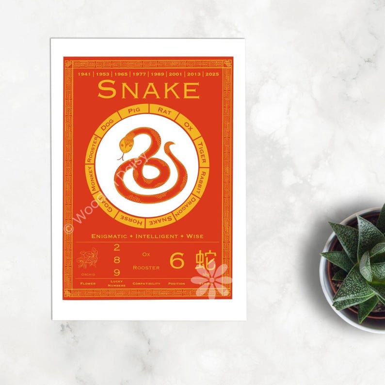 25th Birthday Gift - Year of the Snake Art Print, Chinese Zodiac Poster ...