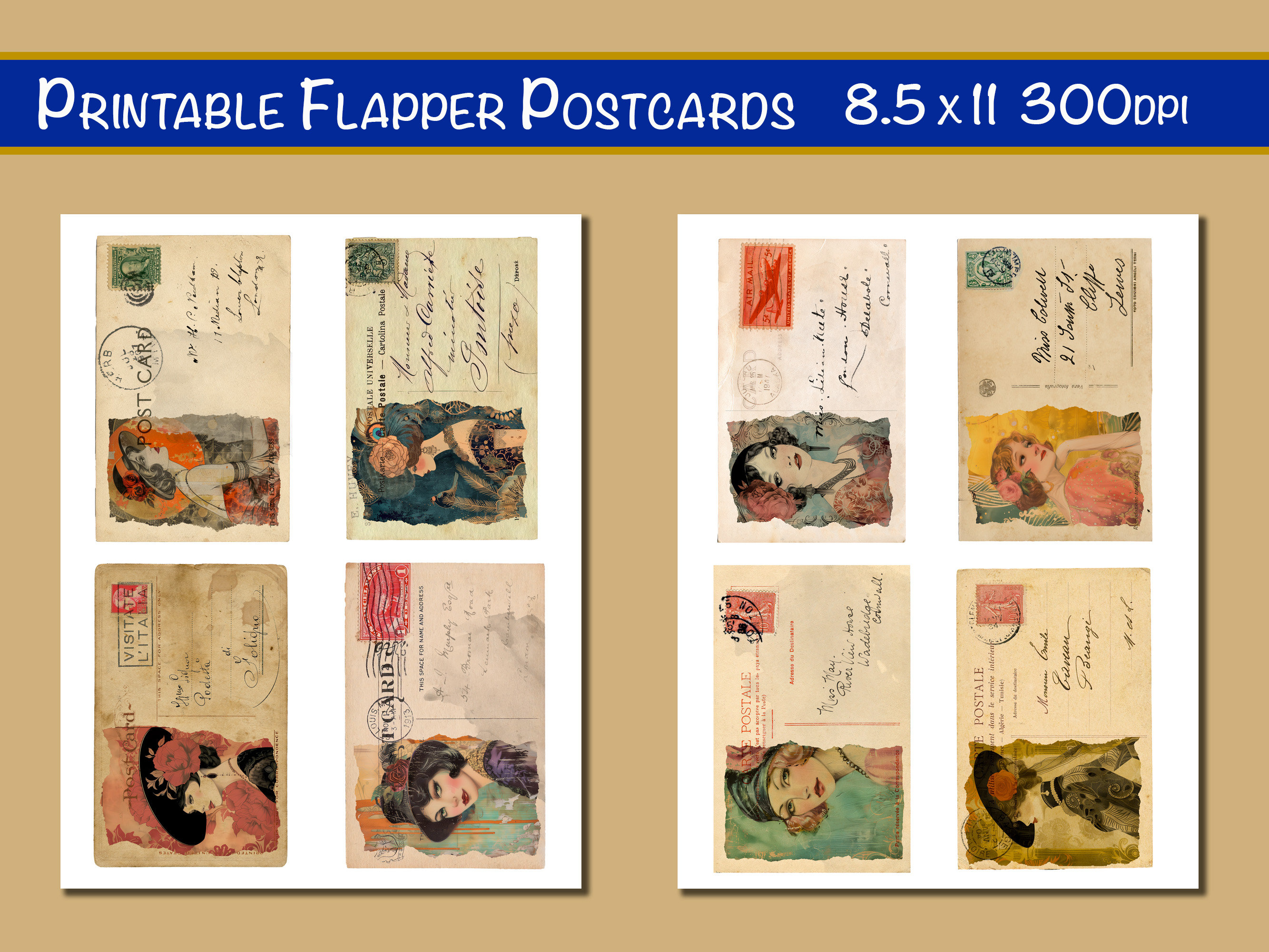 Vintage Style Flapper Postcards, Digital Printable Cards, Scrapbooks ...