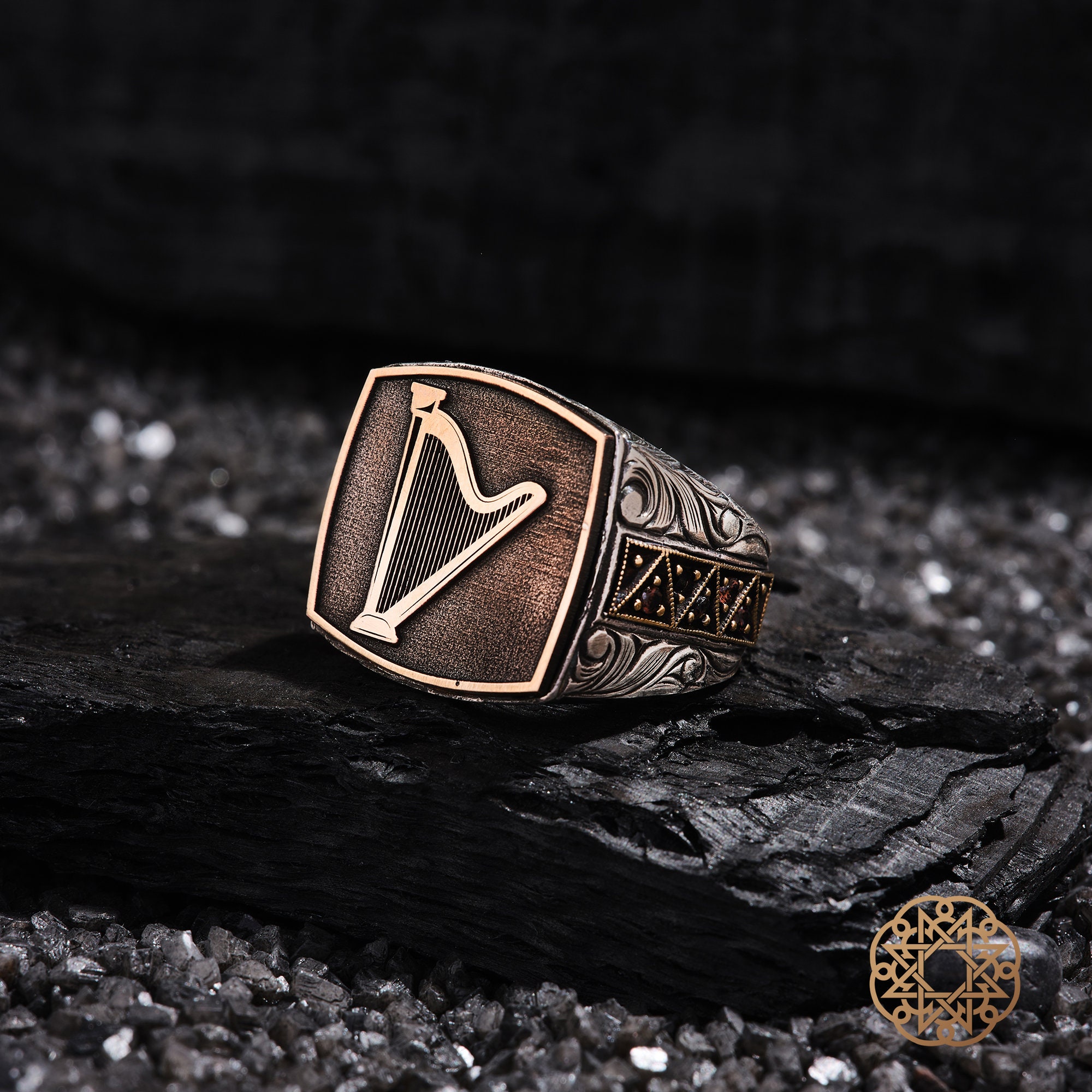 Harp Engraved Musician Ring, Unique Handmade Ring, Engraved Sterling ...