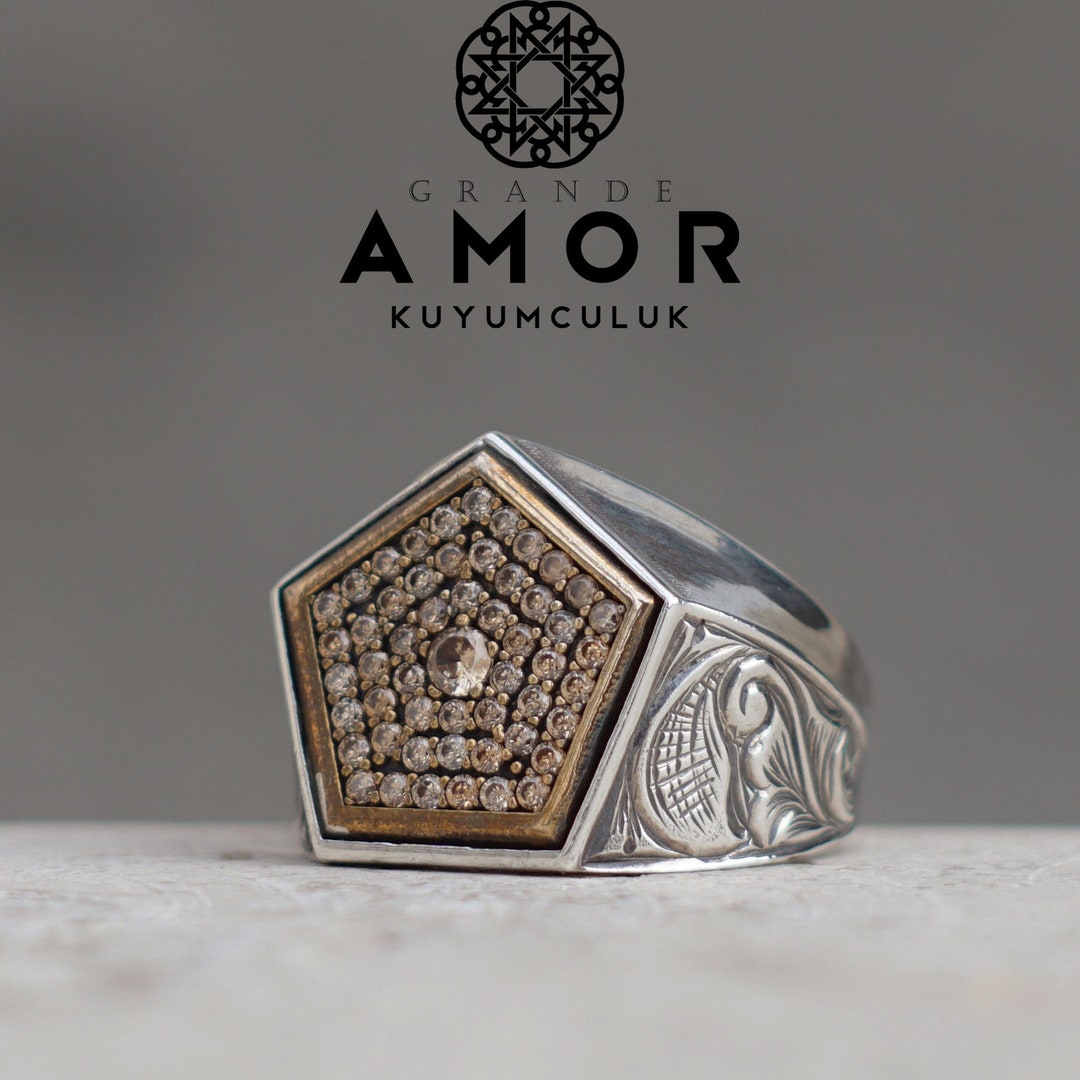 Pentagon Men Ring- 925K Sterling Silver Ring- Ottoman Style Ring ...