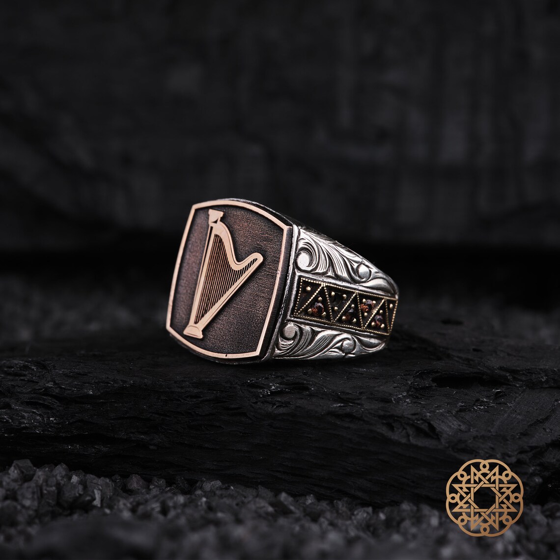 Harp Engraved Musician Ring, Unique Handmade Ring, Engraved Sterling ...