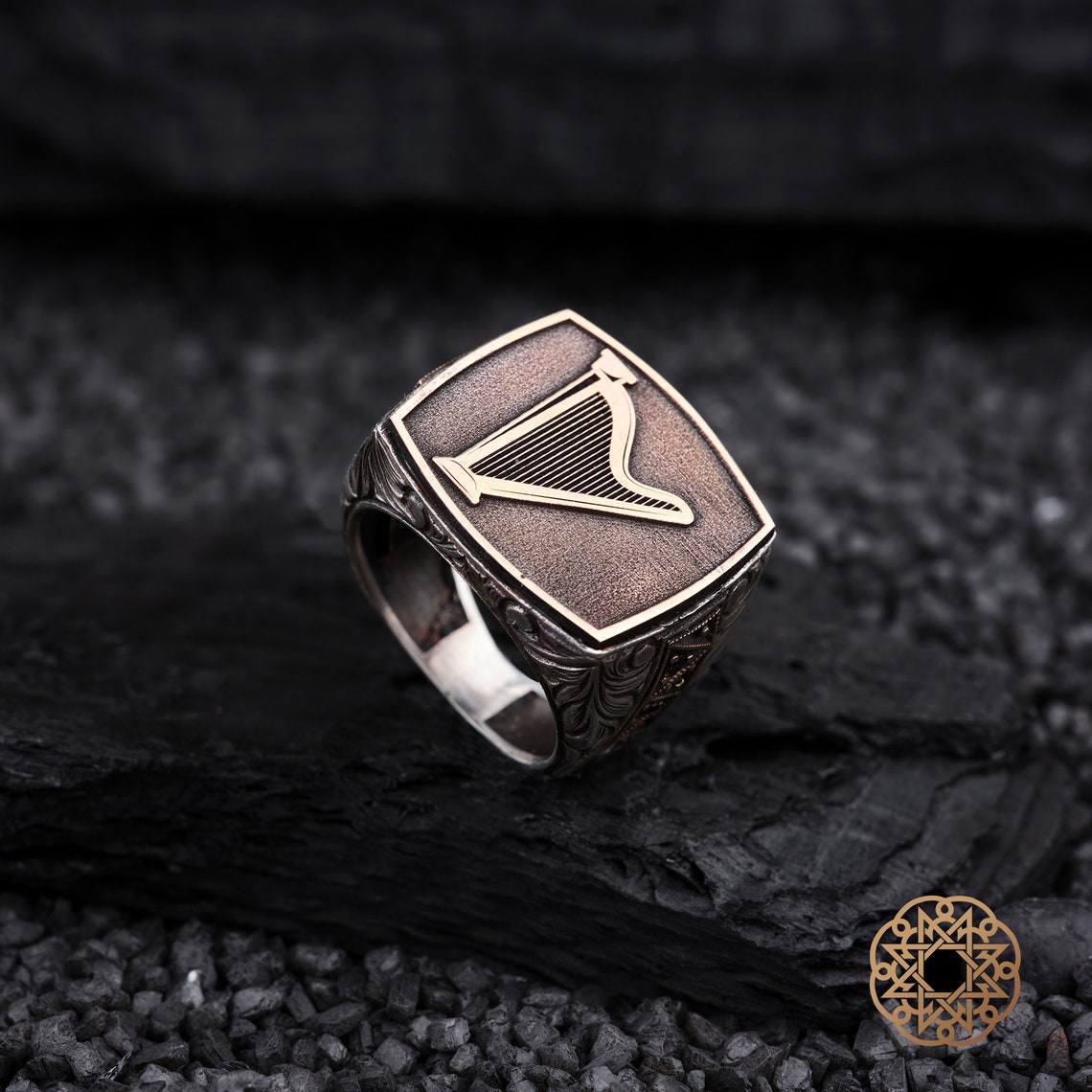 Harp Engraved Musician Ring, Unique Handmade Ring, Engraved Sterling ...