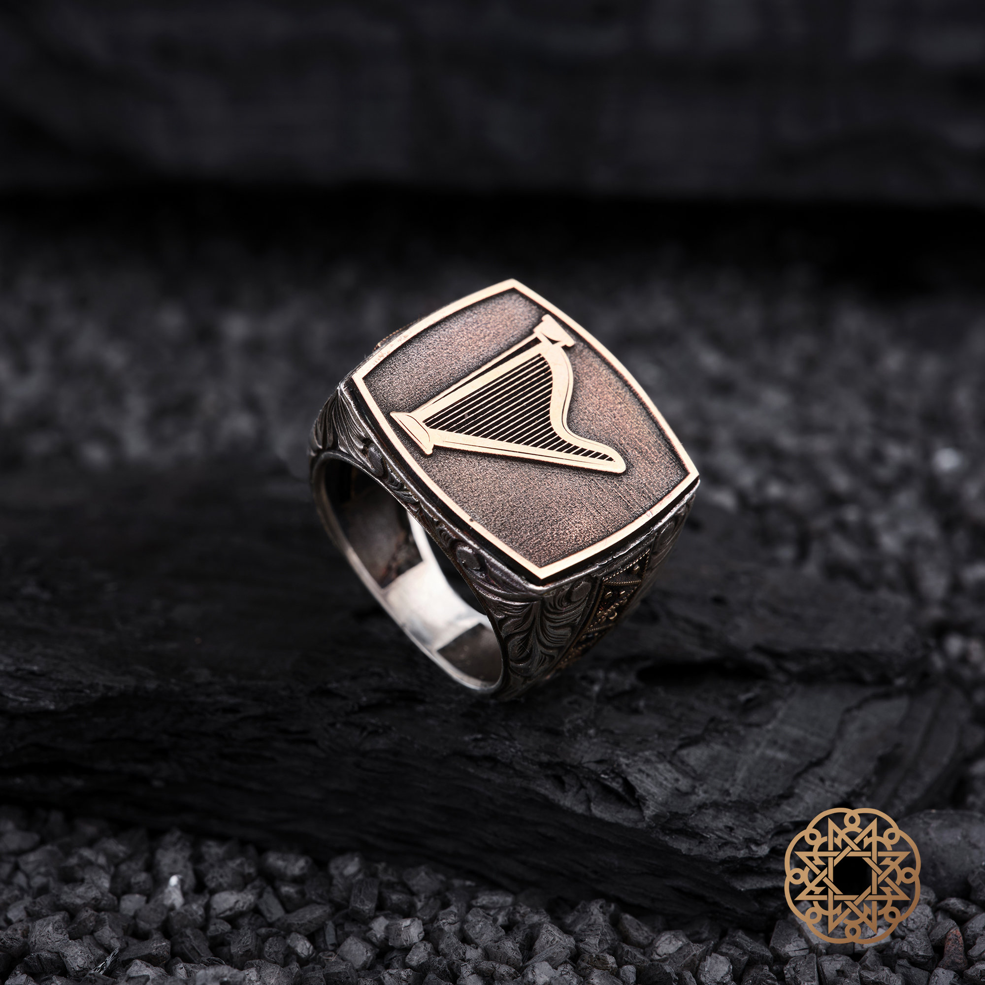Harp Engraved Musician Ring, Unique Handmade Ring, Engraved Sterling ...